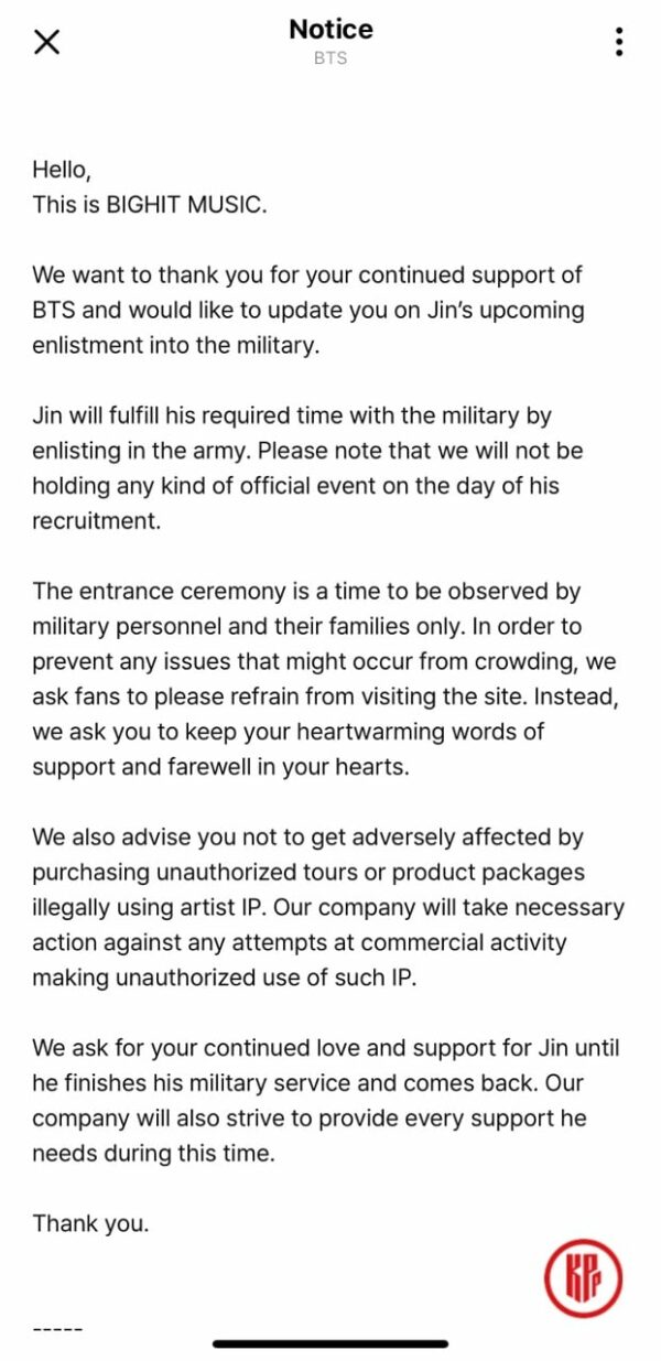 BIGHIT Music Releases Official Notice on BTS Jin Military Service Enlistment - KPOPPOST