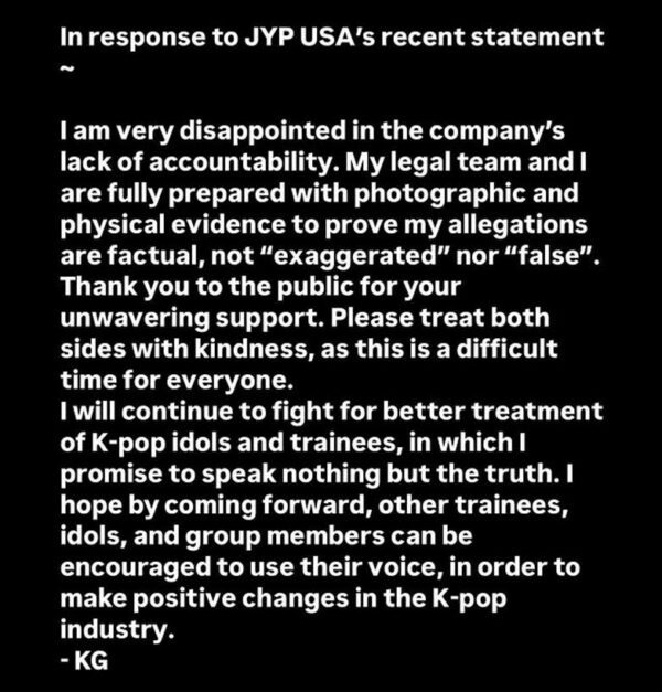 The Escalating Debate & Shifting Blame in Ex-VCHA KG and JYP Entertainment Statement - KPOPPOST