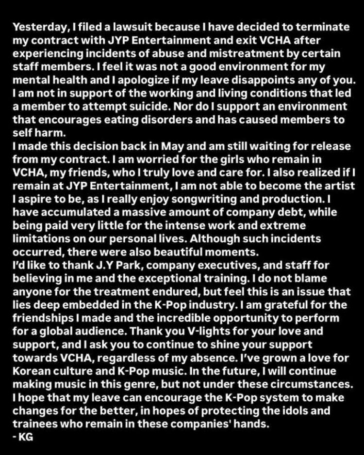 Abuse or Part of the Job? VCHA KG Files Lawsuit Against JYP – New Controversy - KPOPPOST